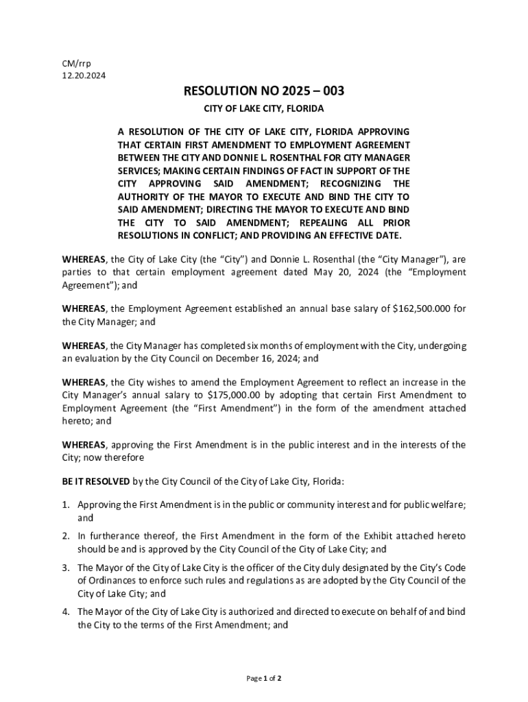 Fillable Online Amendment to Employment Agreement for City Manager ...