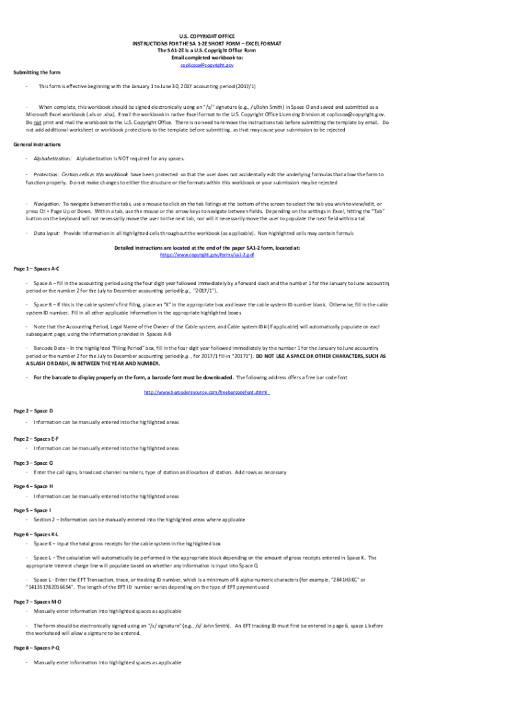 Fillable Online U.s. Copyright Office Sa1-2e Short Form Instructions ...