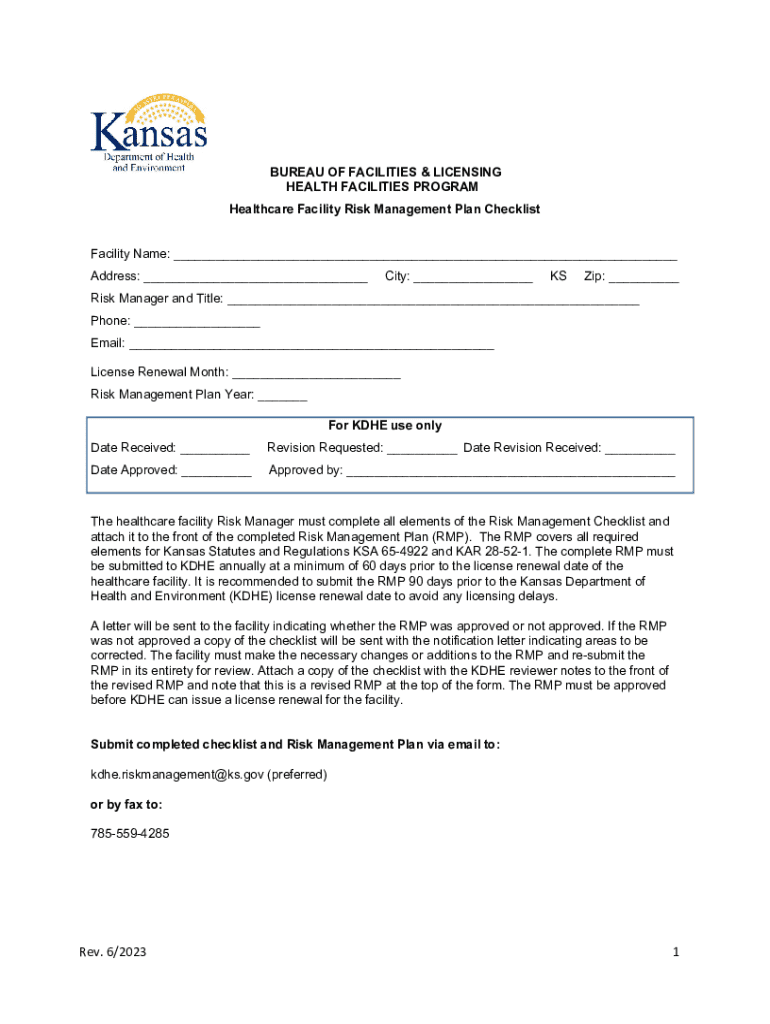 Fillable Online Healthcare Facility Risk Management Plan Checklist Fax ...