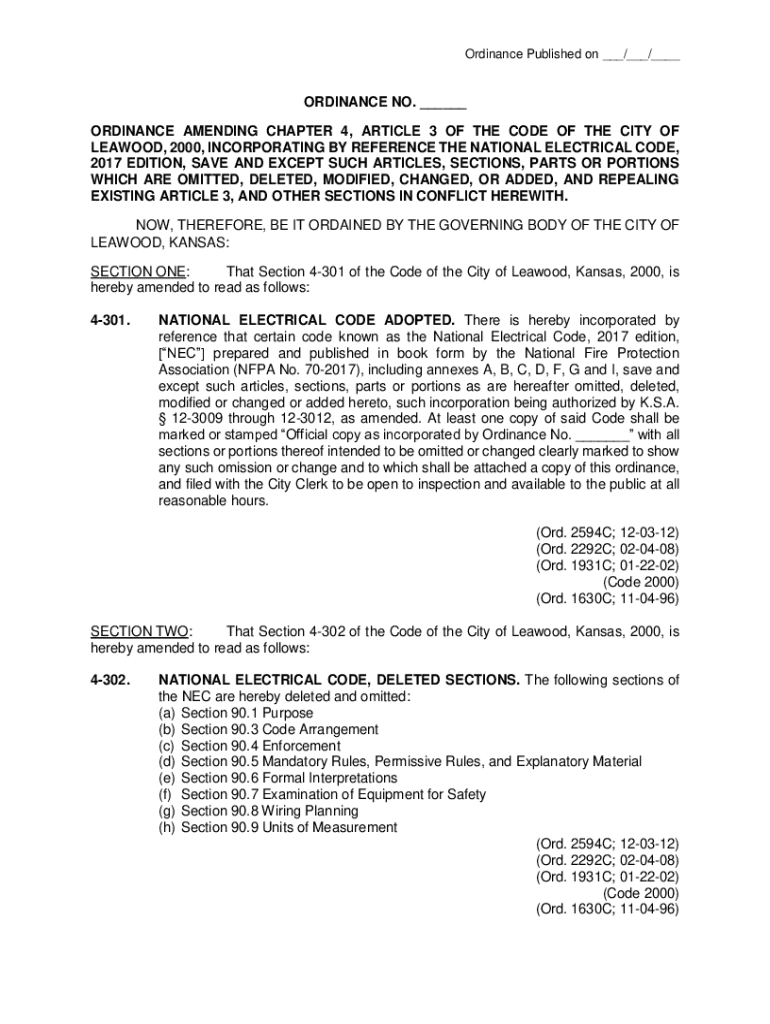 Fillable Online Ordinance No. ______ Amending National Electrical Code ...