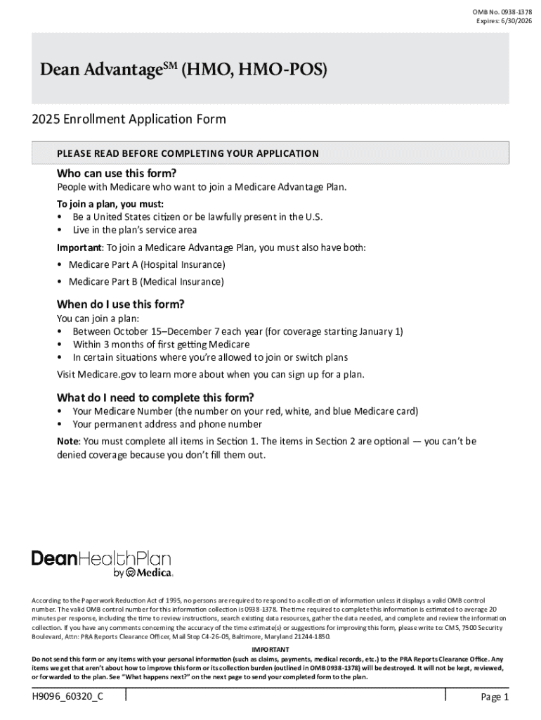 Fillable Online Dean Advantagesm (hmo, Hmo-pos) Enrollment Application ...