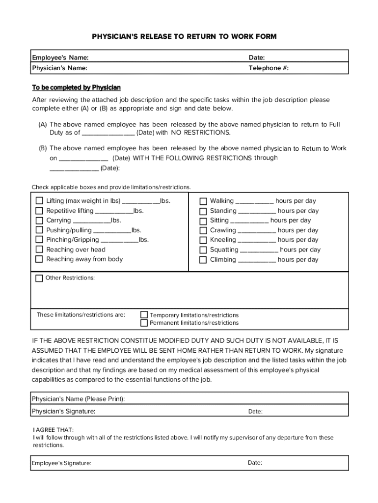 Fillable Online Physician's Release to Return to Work Fax Email Print ...