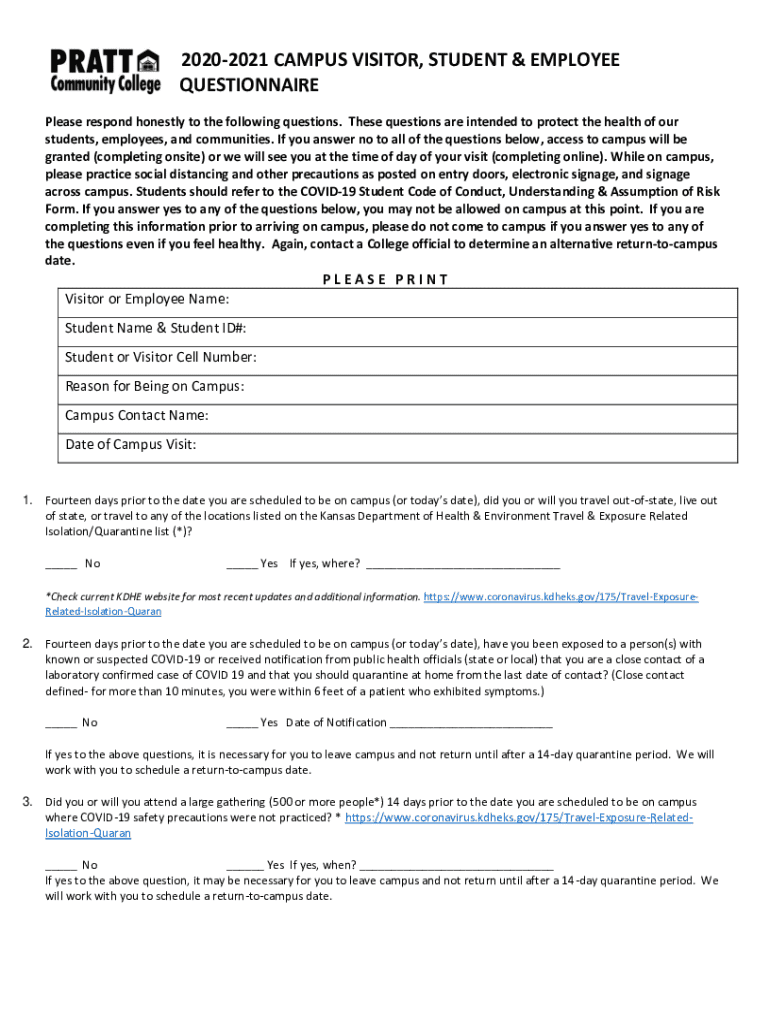 Fillable Online Campus Visitor Health Questionnaire Fax Email Print ...
