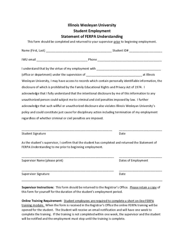 Fillable Online Ferpa Understanding Agreement for Student Employment Fax Email Print - pdfFiller