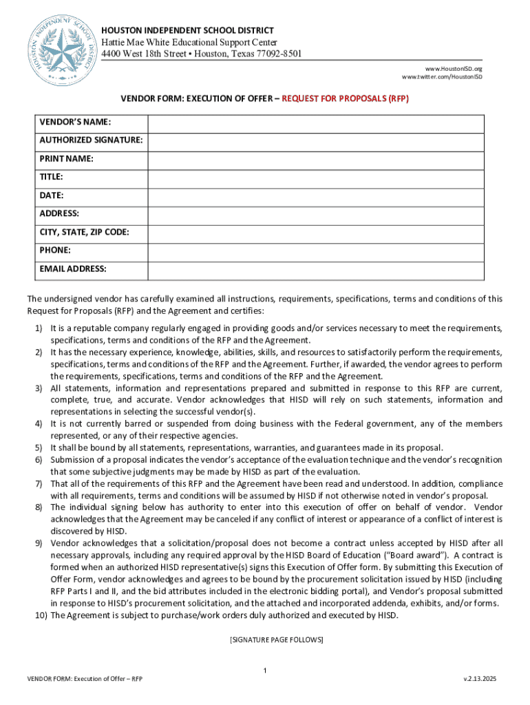 Fillable Online Execution of Offer – Rfp for Houston Independent School ...