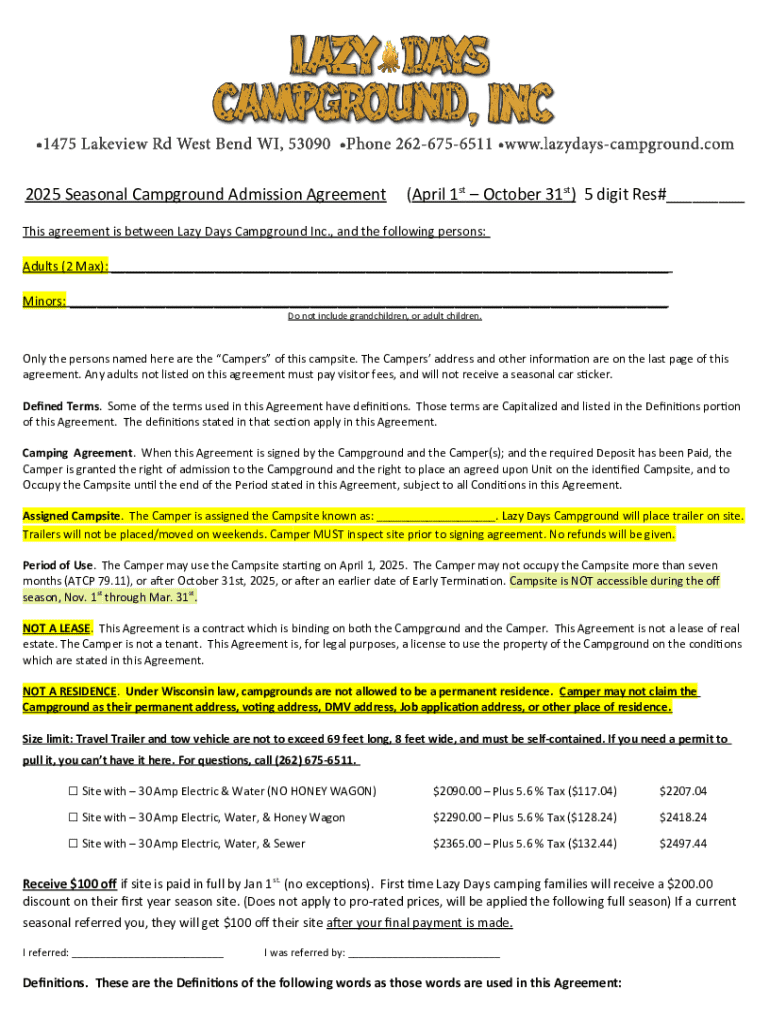 Fillable Online Seasonal Campground Admission Agreement Fax Email Print - pdfFiller