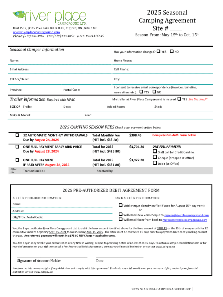 Fillable Online Seasonal Camping Agreement for River Place Campground Fax Email Print - pdfFiller