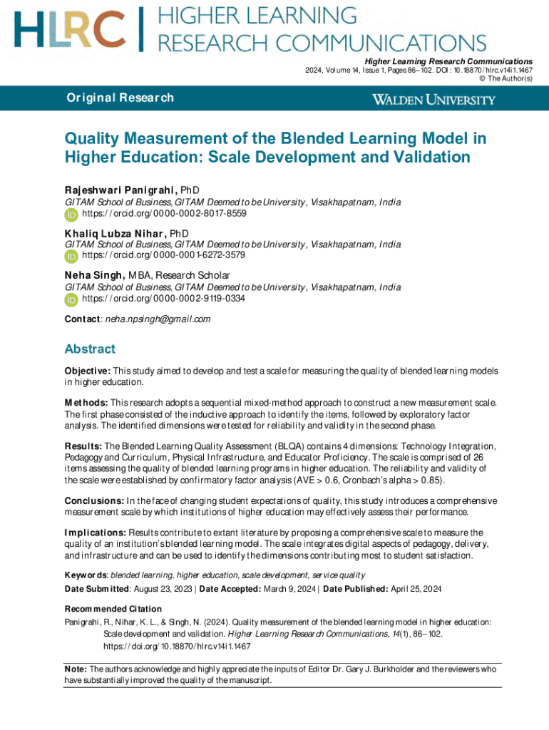 Fillable Online Quality Measurement of the Blended Learning Model in Higher Education Fax Email ...