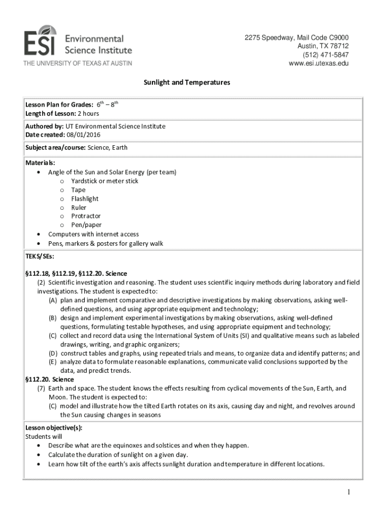 Fillable Online Sunlight and Temperatures Lesson Plan for Grades 6-8 ...