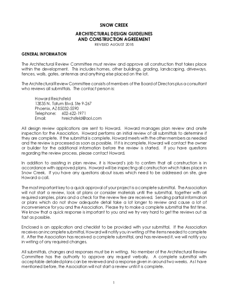 Fillable Online Snow Creek Architectural Design Guidelines and Construction Agreement Fax Email ...