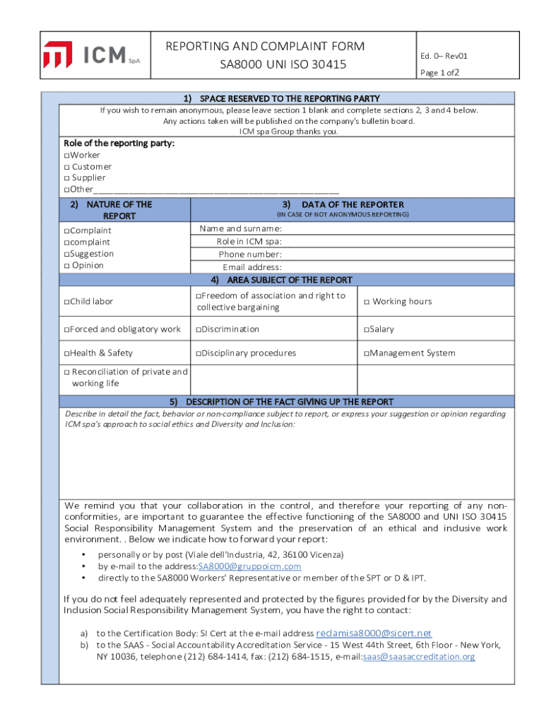 Fillable Online Sa8000 Uni Iso 30415 Reporting and Complaint Form Fax ...