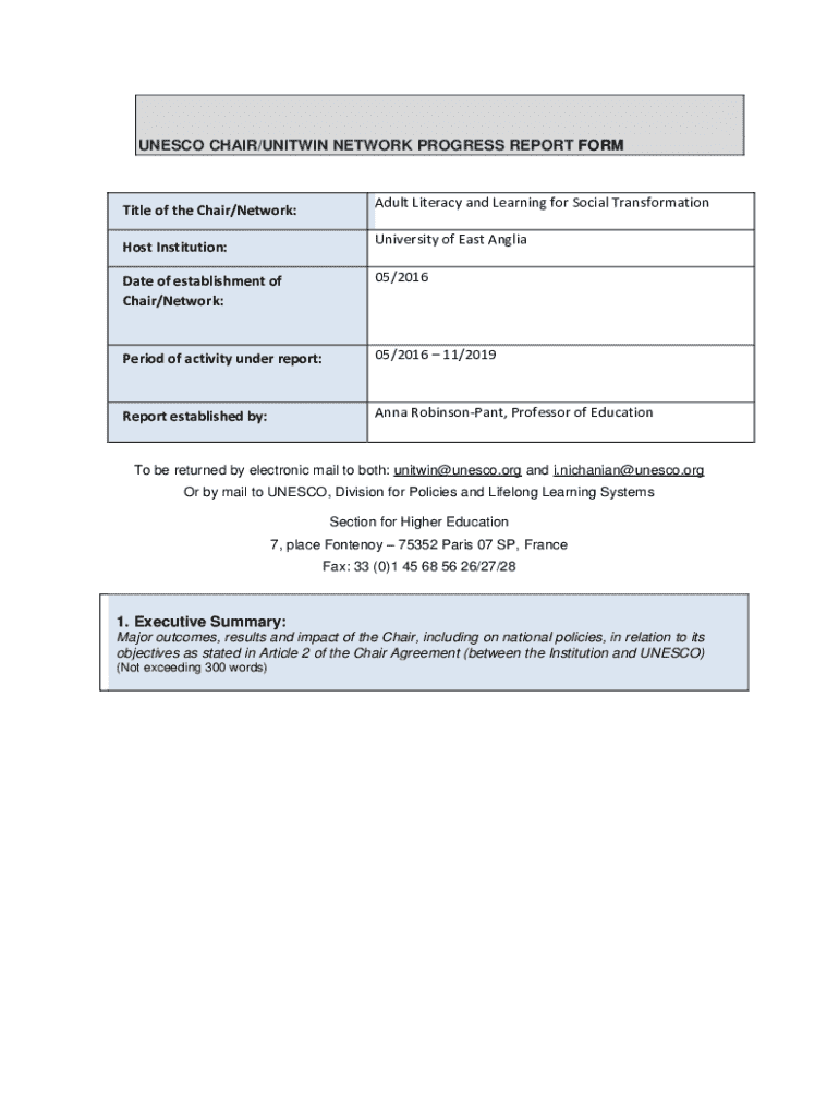 Fillable Online Unesco Chair Progress Report on Adult Literacy and Learning for Social ...
