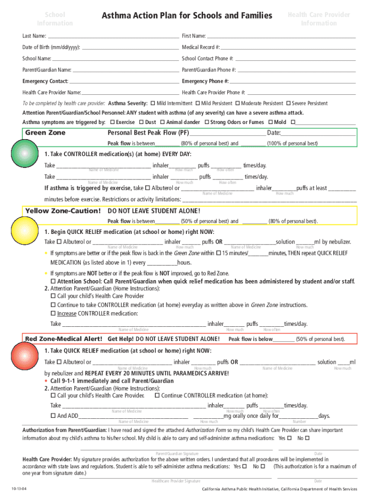 Fillable Online Asthma Action Plan Fax Email Print - pdfFiller