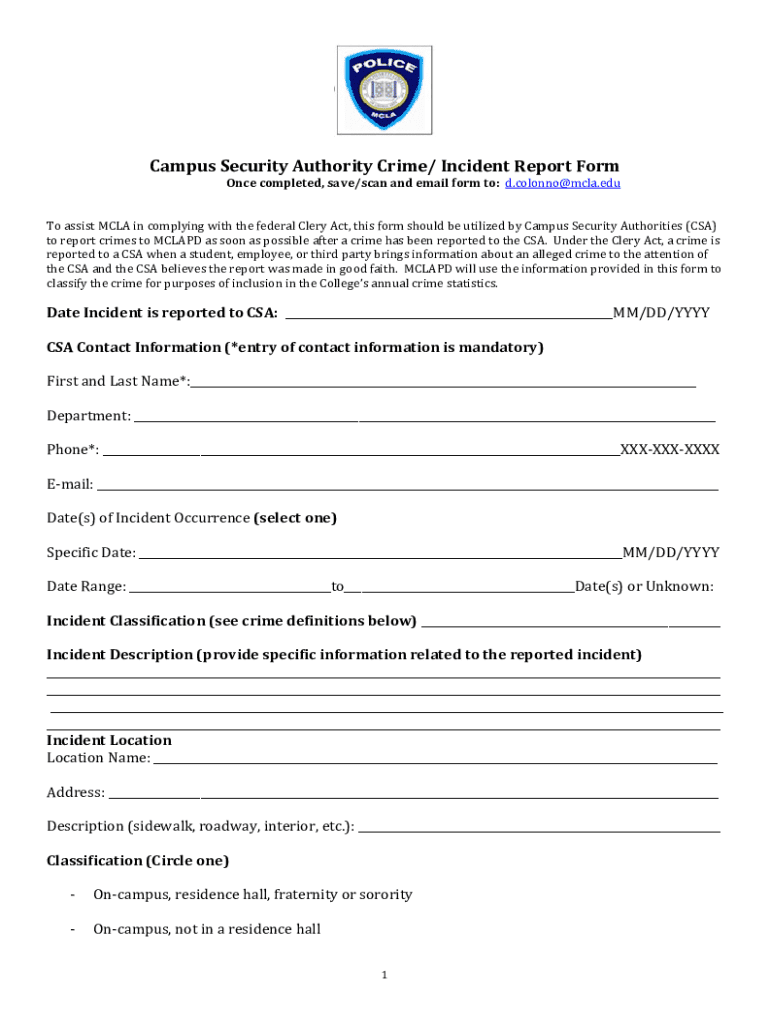 Fillable Online Campus Security Authority Crime/incident Report Form Fax Email Print - pdfFiller