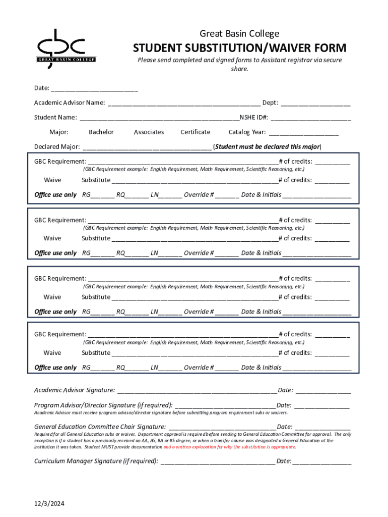 Fillable Online Student Substitution/waiver Form Fax Email Print - pdfFiller