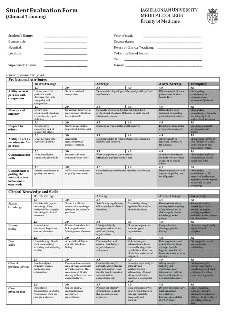 Fillable Online Student Evaluation Form - Jagiellonian University Medical College Fax Email ...