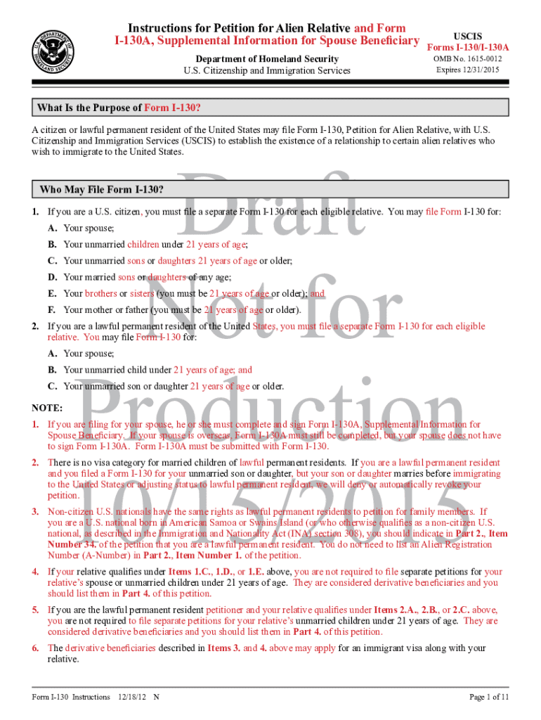 Fillable Online Instructions for Petition for Alien Relative and Form I-130a, Supplemental ...