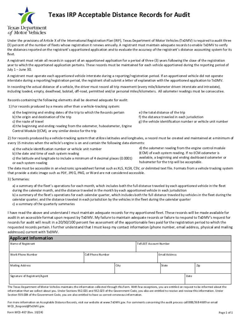 Texas Irp Acceptable Distance Records for Audit: Fill out & sign online ...