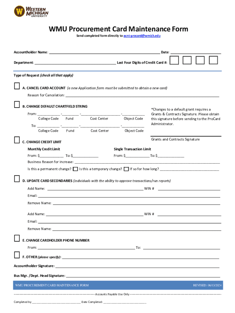 Fillable Online Procurement Card Maintenance Request Fax Email Print ...