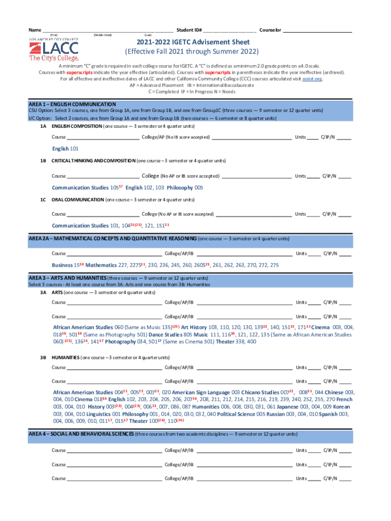 Fillable Online Igetc Advisement Sheet Fax Email Print - pdfFiller