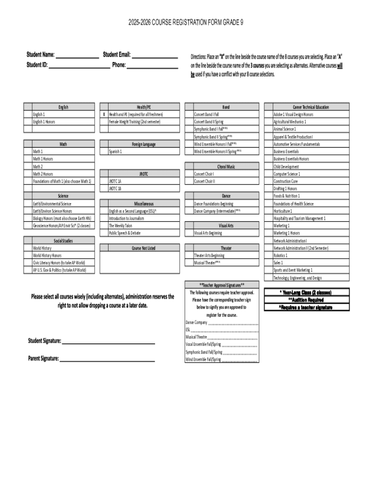 Fillable Online Grade 9 Course Registration Form for 2025-2026 Fax ...
