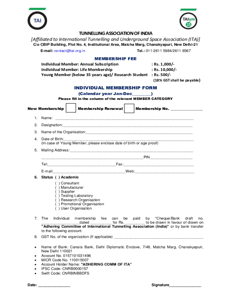Fillable Online Tunnelling Association of India Membership Form Fax ...