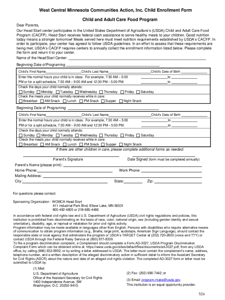 Fillable Online Child and Adult Care Food Program Enrollment Form Fax ...