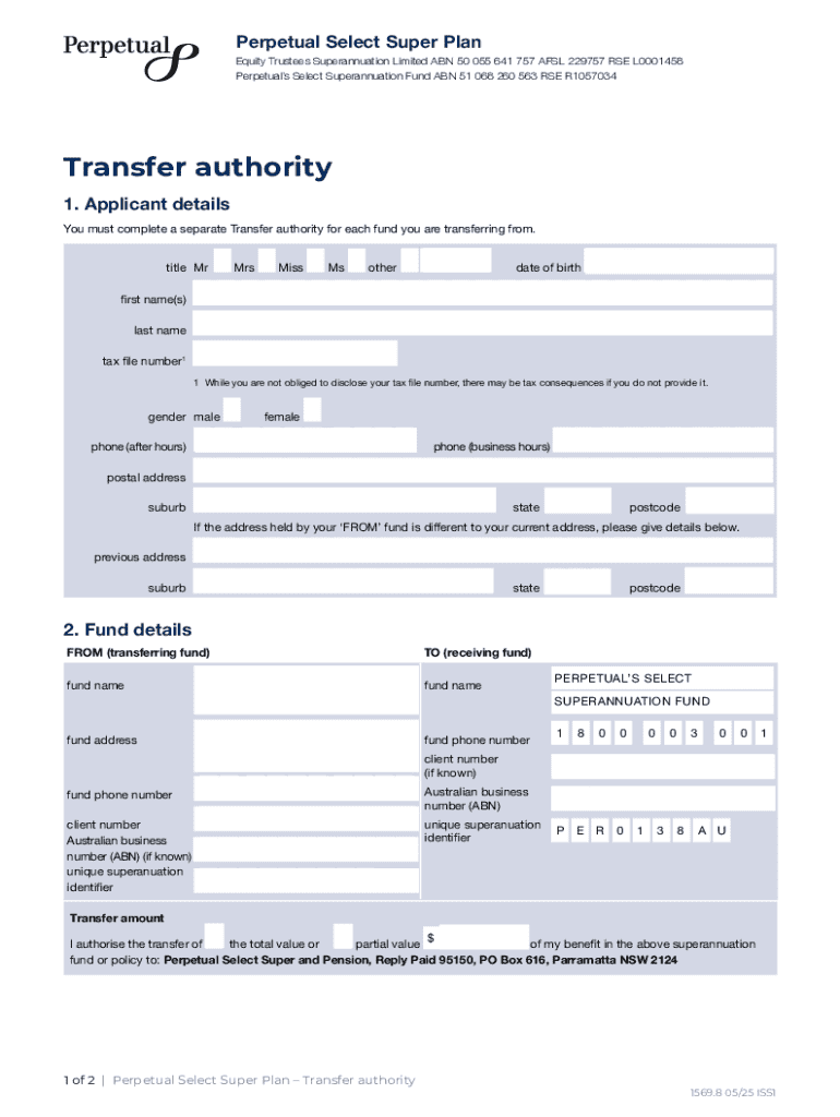 Fillable Online Perpetual Select Superannuation Fund Transfer Authority ...
