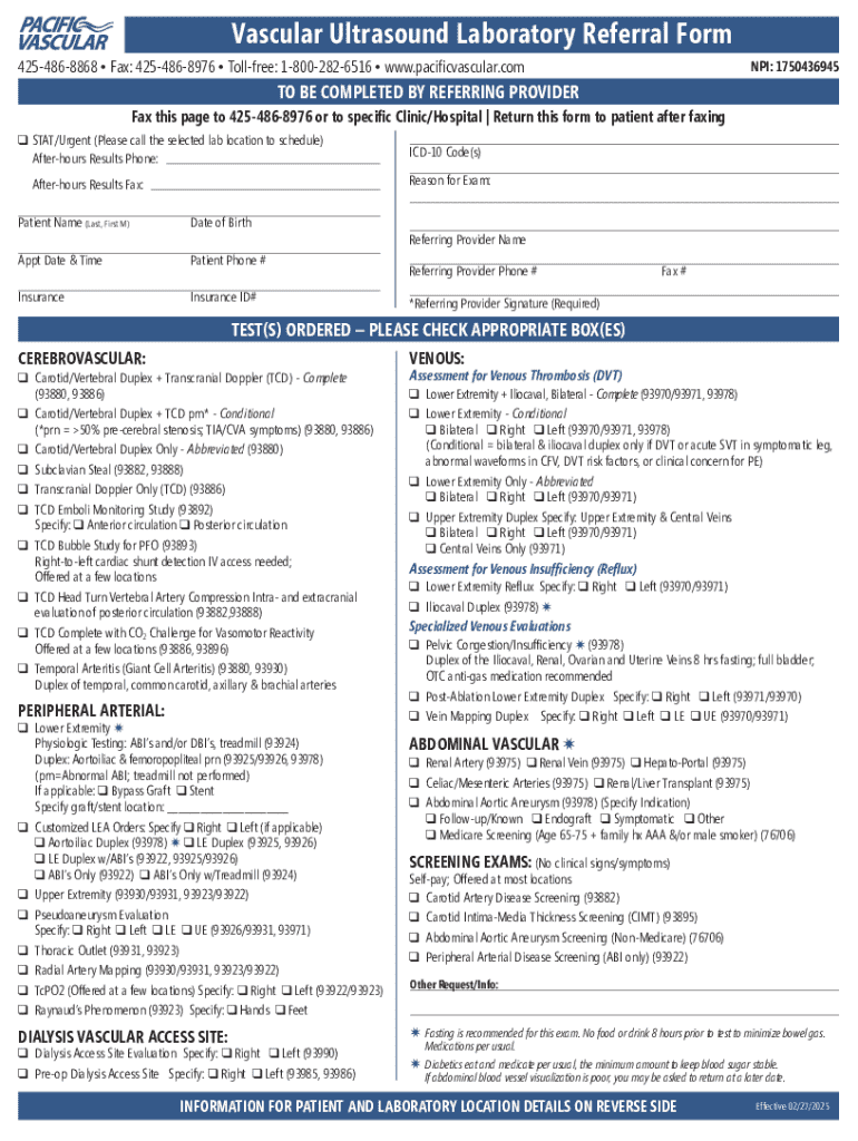 Fillable Online Vascular Ultrasound Referral Form Fax Email Print ...