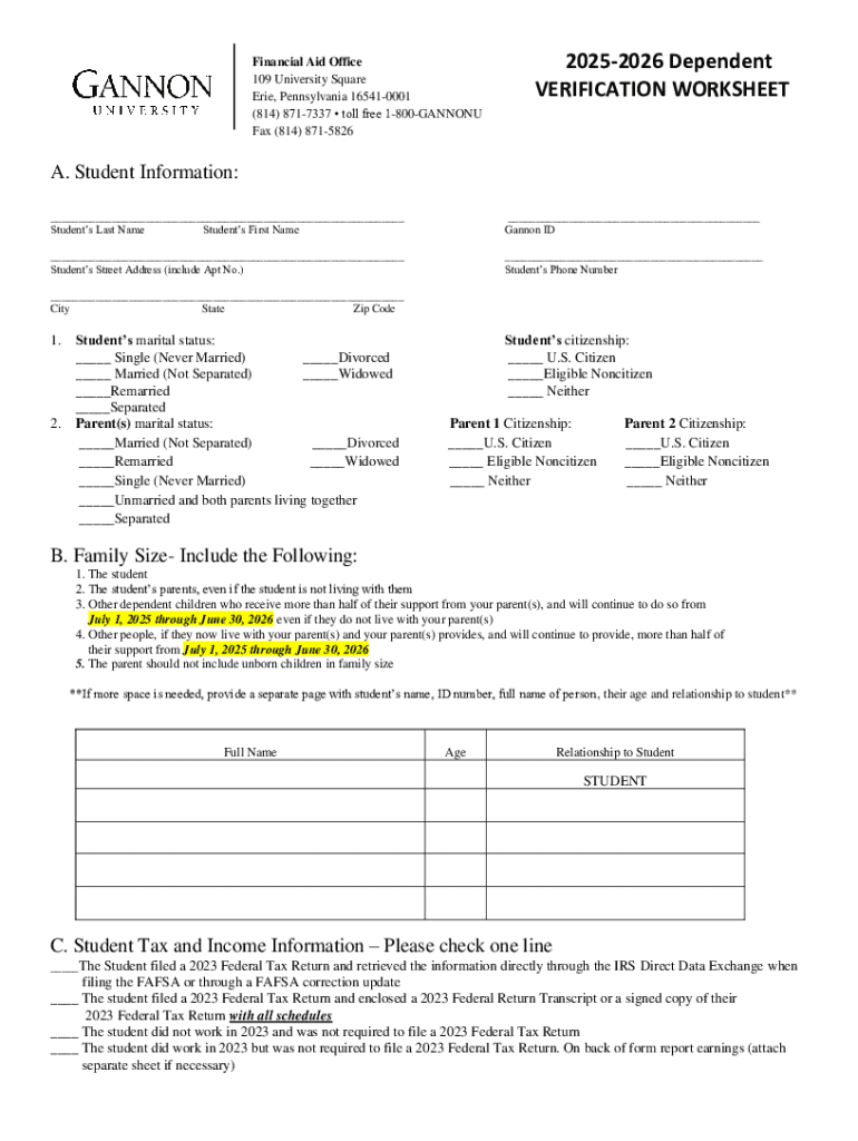 Fillable Online Dependent Verification Worksheet for Financial Aid Fax Email Print - pdfFiller