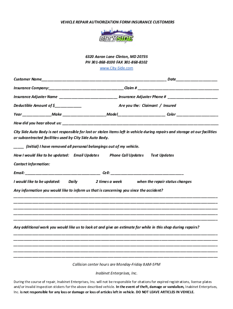 Fillable Online Vehicle Repair Authorization for Insurance Customers ...
