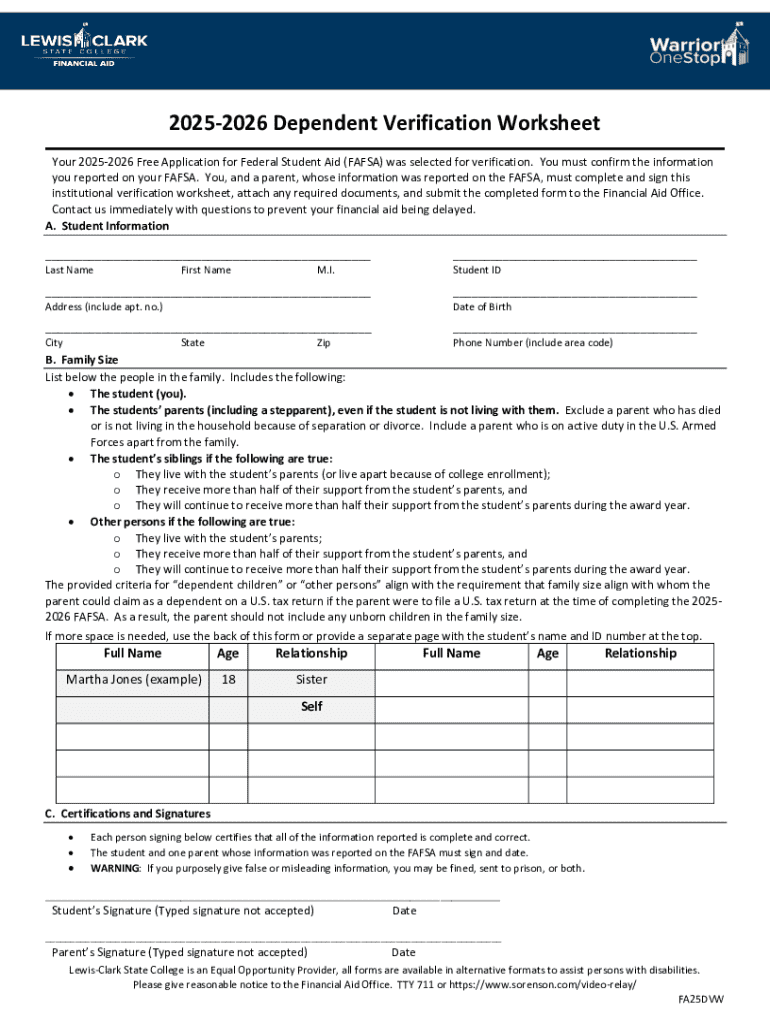 Fillable Online Dependent Verification Worksheet Fax Email Print - pdfFiller