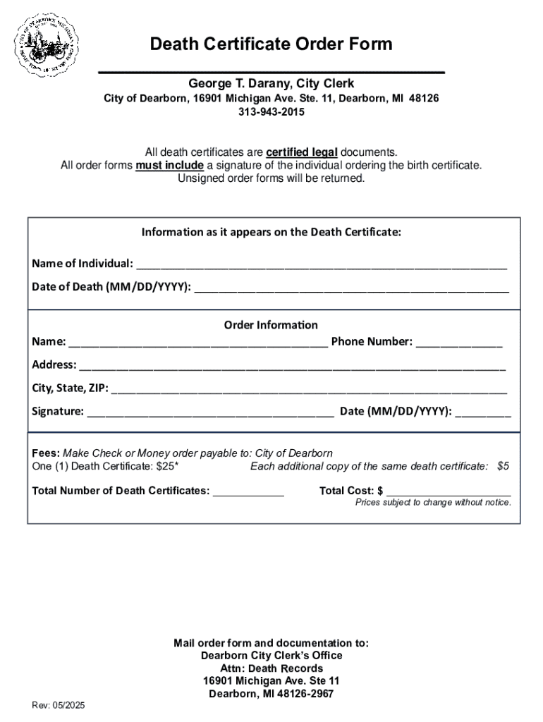 Fillable Online Death Certificate Order Form Fax Email Print - pdfFiller