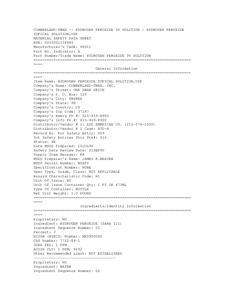 Fillable Online Hydrogen Peroxide 3% Solution - Msds Fax Email Print ...