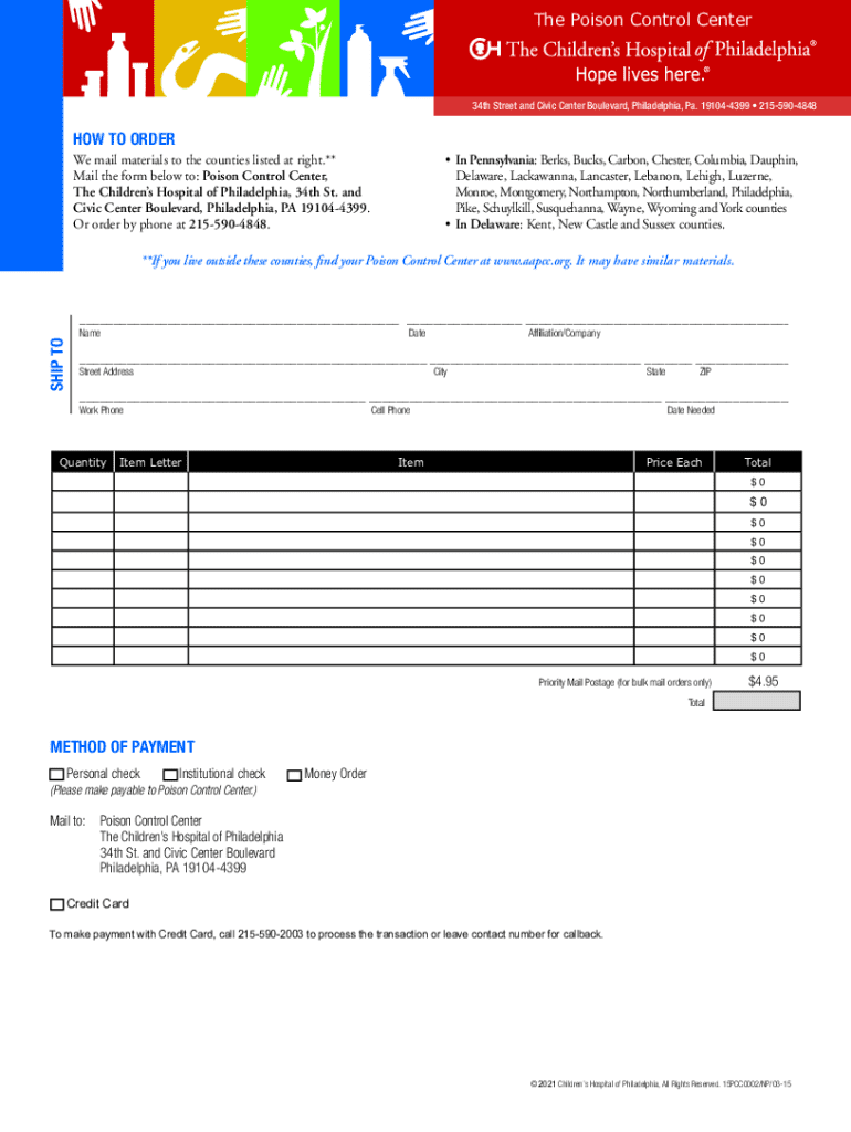 Fillable Online the Poison Control Center Order Form Fax Email Print ...