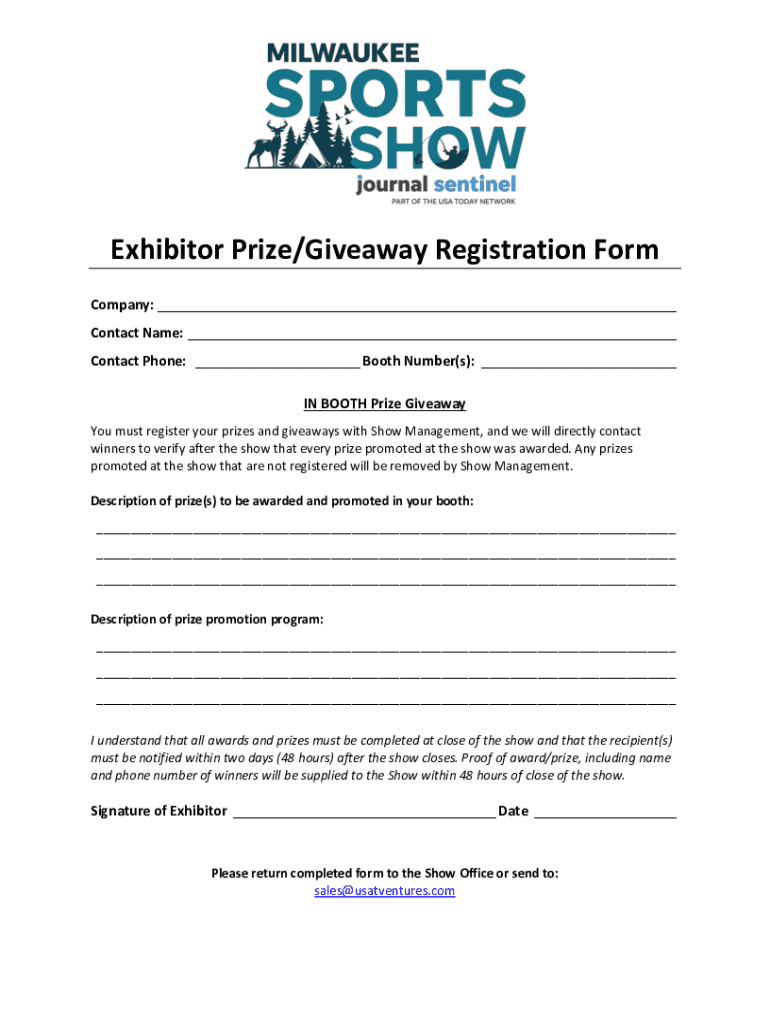 Fillable Online Exhibitor Prize/giveaway Registration Form Fax Email ...