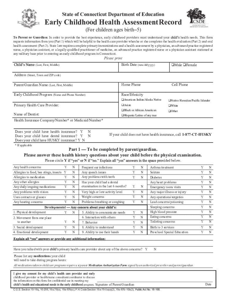 Fillable Online Early Childhood Health Assessment Record (for Children ...