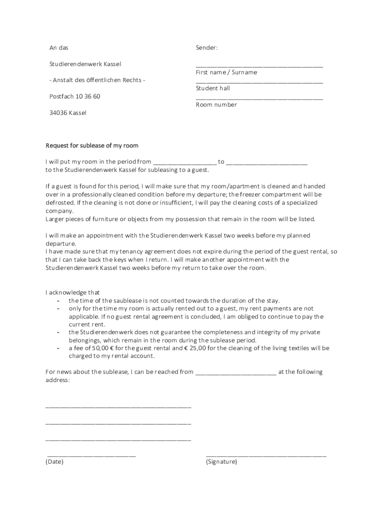 Fillable Online Request for Sublease of Student Room Fax Email Print - pdfFiller