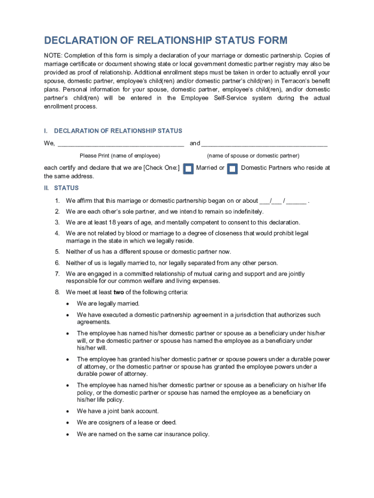 Fillable Online Declaration of Relationship Status Fax Email Print - pdfFiller