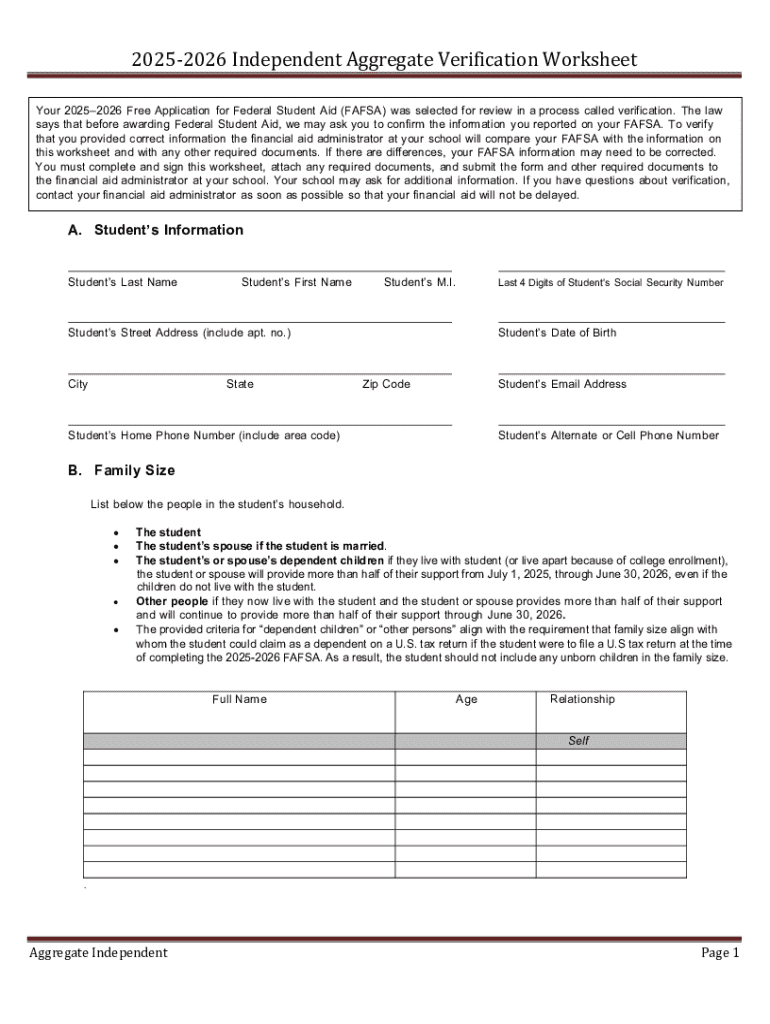 Fillable Online 2025-2026 Independent Aggregate Verification Worksheet Fax Email Print - pdfFiller