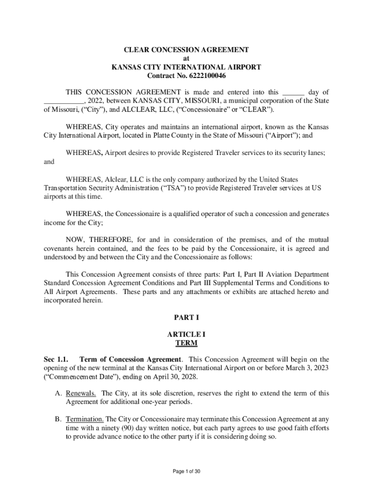 Fillable Online Clear Concession Agreement at Kansas City International ...