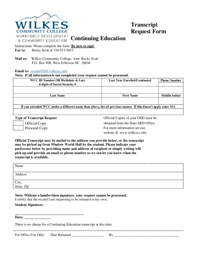 Fillable Online Transcript Request for Continuing Education Fax Email ...