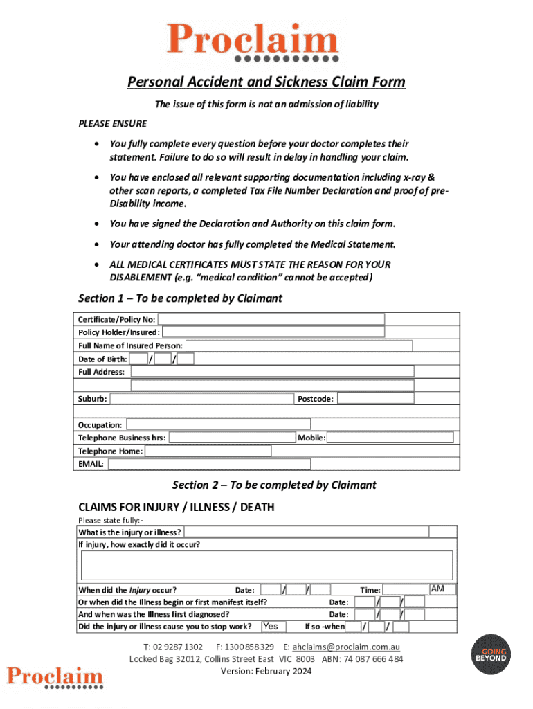 Fillable Online Personal Accident and Sickness Claim Form Fax Email ...