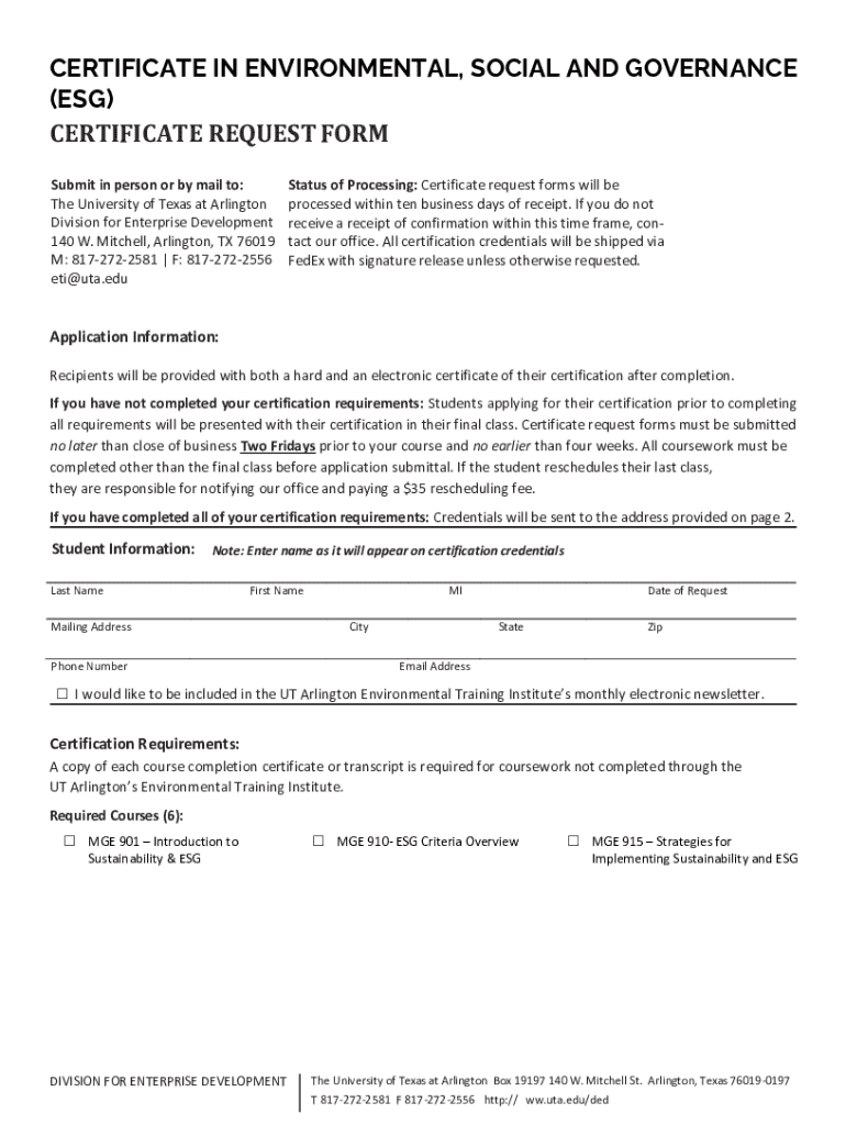 Fillable Online Certificate in Environmental, Social and Governance ...