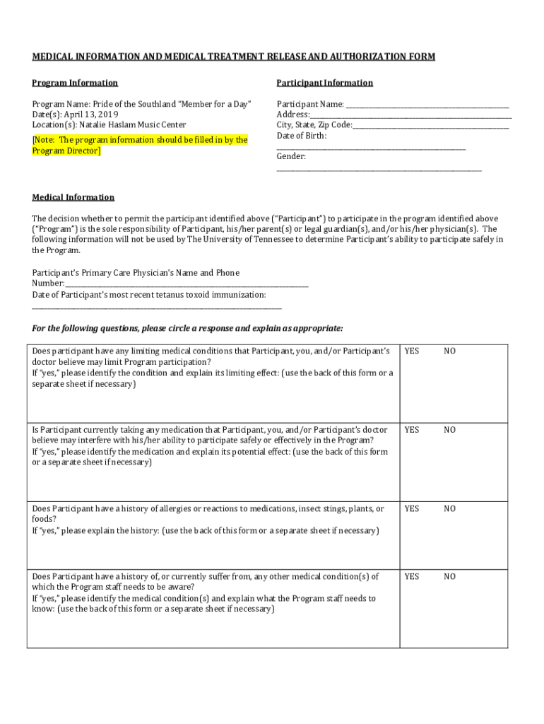 Fillable Online Medical Information and Medical Treatment Release and Authorization Form Fax ...