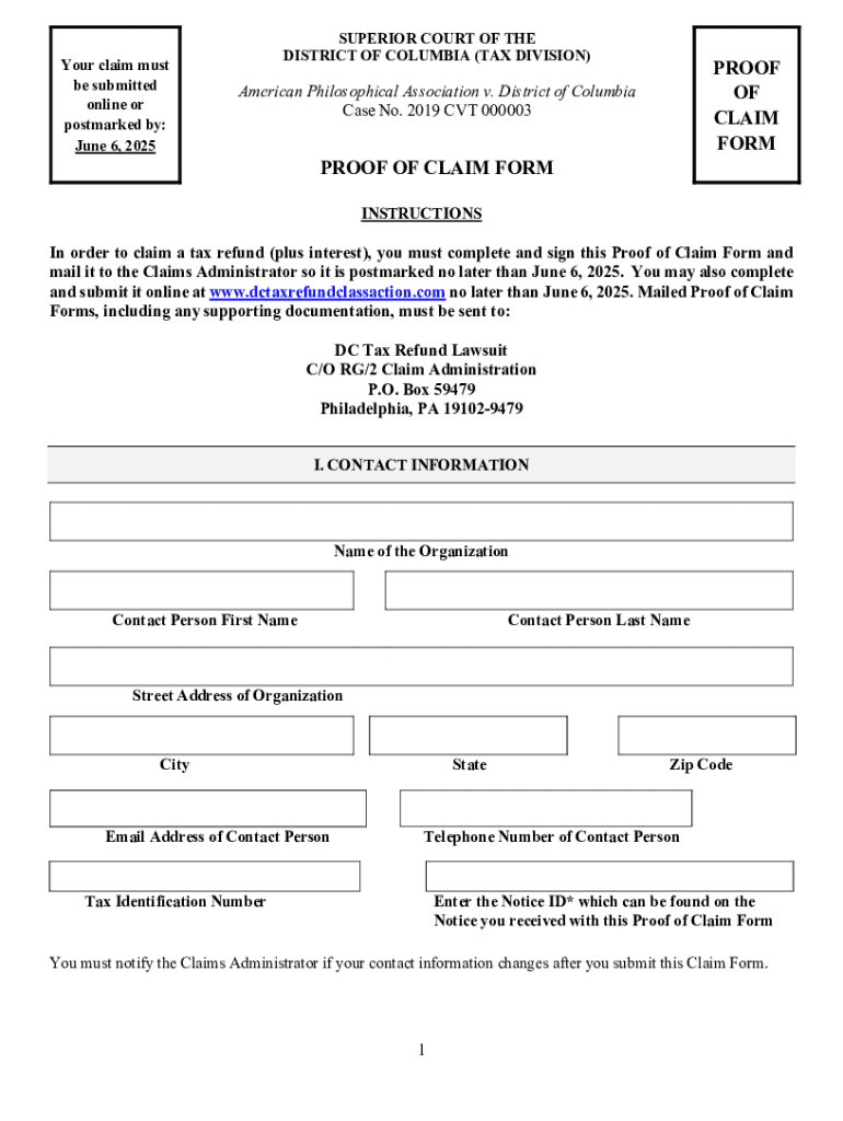 Fillable Online Proof of Claim Form for Tax Refund Fax Email Print ...