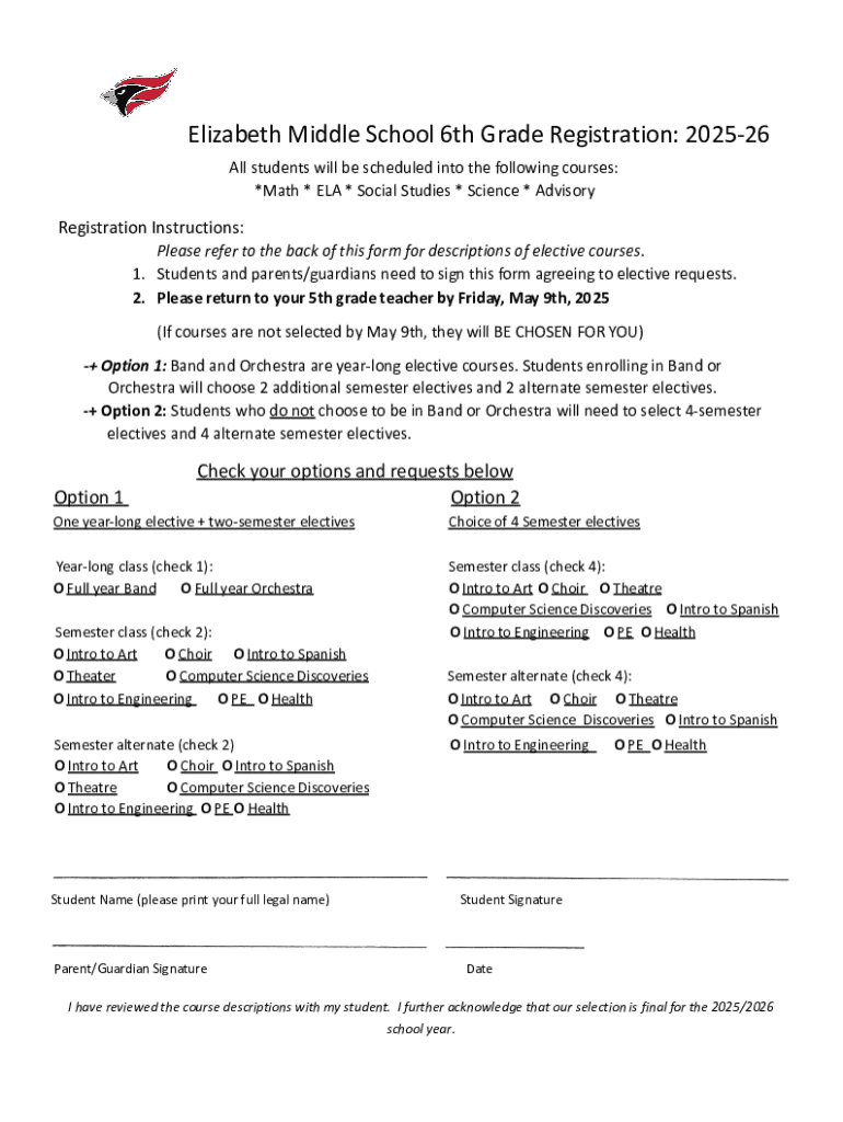 Fillable Online Elizabeth Middle School 6th Grade Registration Fax Email Print - pdfFiller