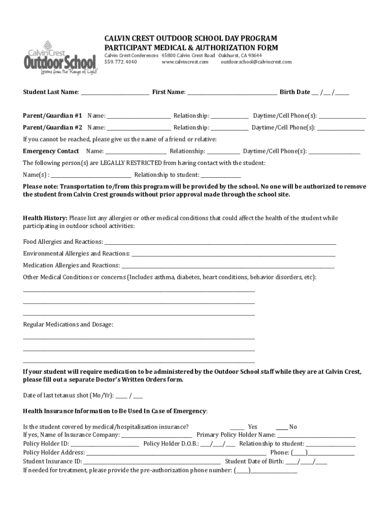 Fillable Online Calvin Crest Outdoor School Day Program Fax Email Print - pdfFiller