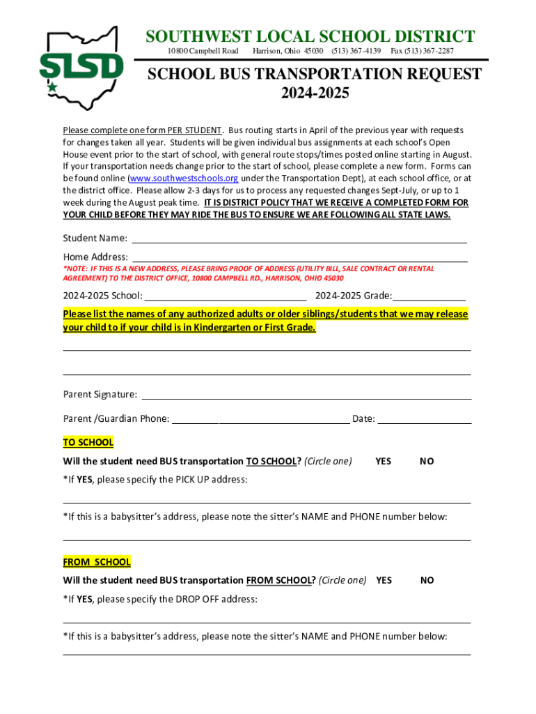 Fillable Online School Bus Transportation Request 2024-2025 Fax Email Print - pdfFiller