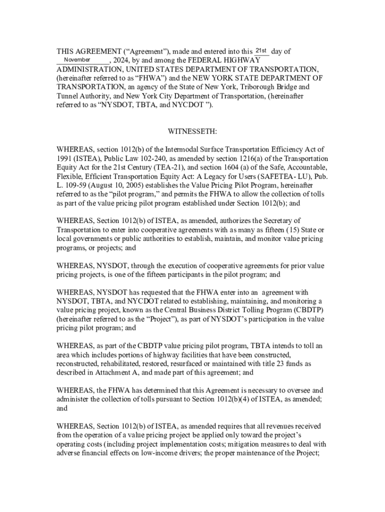 Fillable Online Agreement for the Central Business District Tolling ...